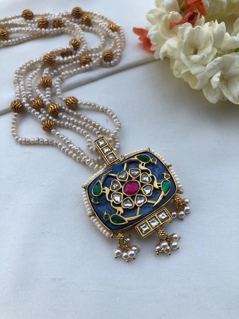 Antique style pearls mala & beads with Lapis pendant & kundan work ...